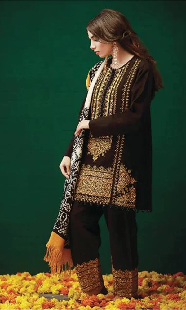 Khadi 3PC - Khaddar Embroidered Suit with Printed Wool Shawal Winter ...