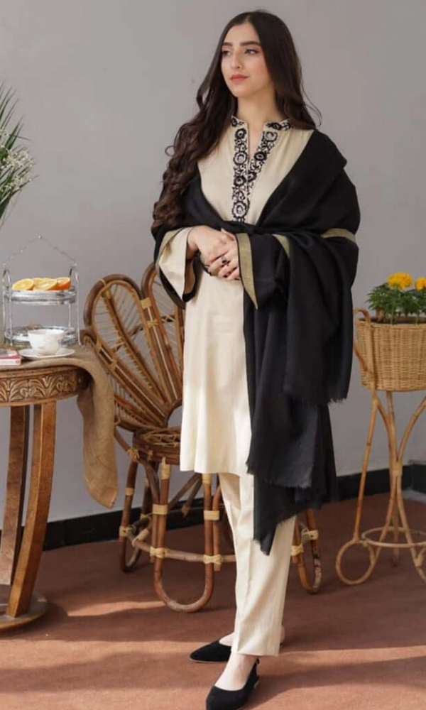 Aisling 3 Piece Heavy Embroidered Dhanak Suit ( Plain Dyed Dhanak Shaw ...